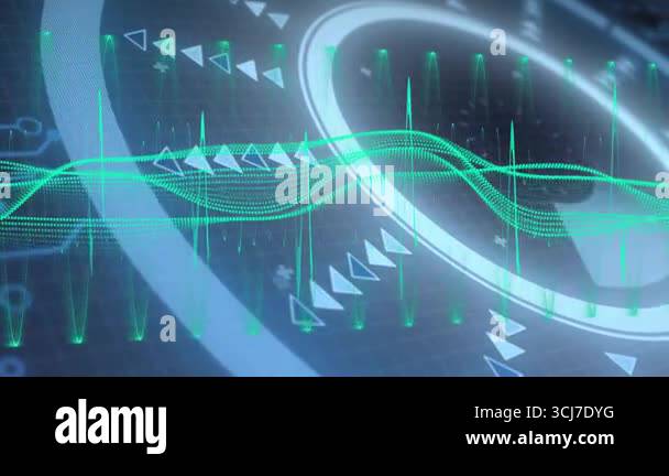 HUD grid opening starting wave scrolling, ring emerging rotating, arrows moving visualizing flow ...