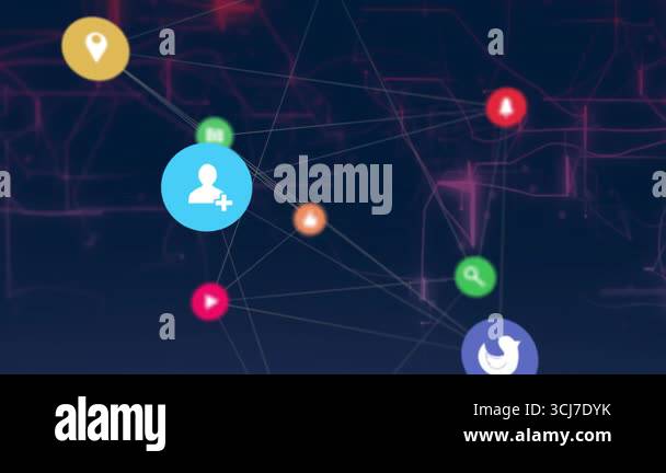 User icon connecting app icons rotating and pulsing with bell enlarging visualizing network flow ...