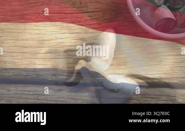 semi-transparent flag overlay appearing then waving gently over wooden ...