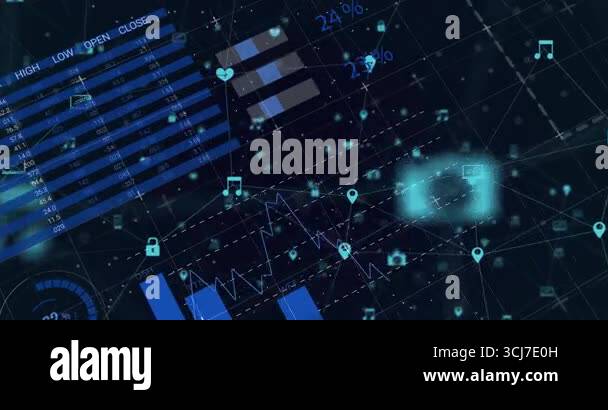 Tech interface loading table gauge sliding bar chart floating icons pulsing labels for data ...