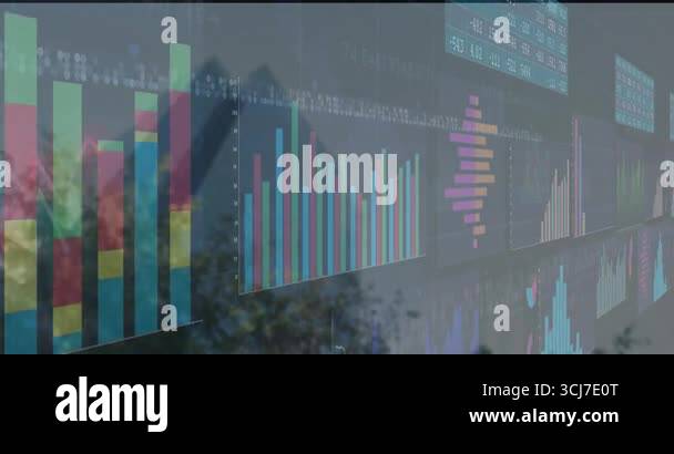 Starting flat transparent dashboard panels sliding in with pulsing charts visualizing data ...