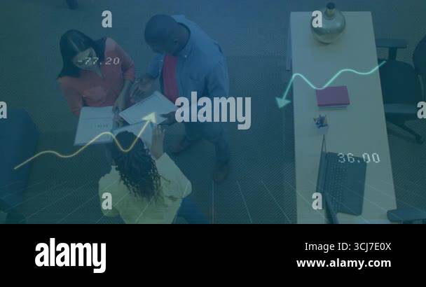 On opening binder colleagues reviewing, writing and highlighting data with scrolling finance ...