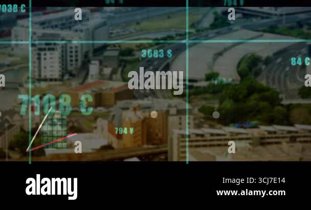 Opening turquoise grid overlaying cityscape, values appearing then bars ...