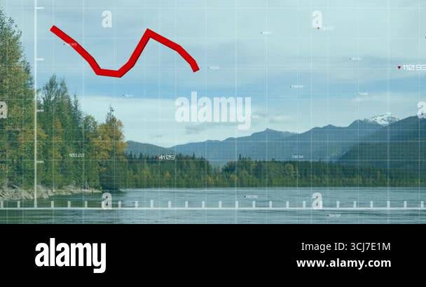 On grid overlay appearing, red polyline chart moving through peaks with ...