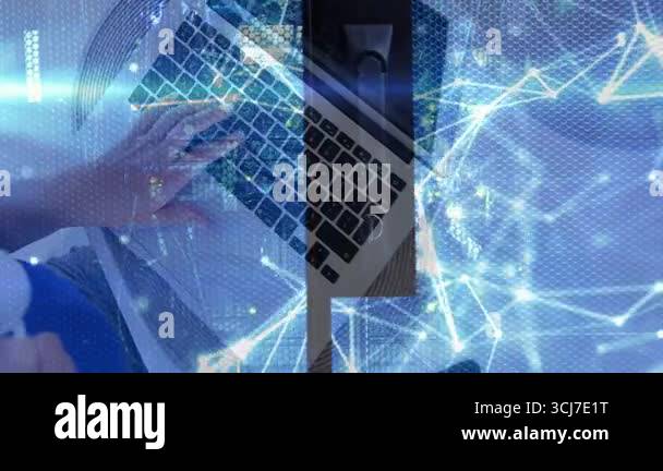 woman typing on laptop and initiating animated network overlay ...