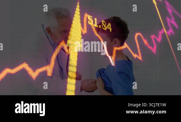 Doctor using stethoscope on boy's chest monitoring pulse waveform ...