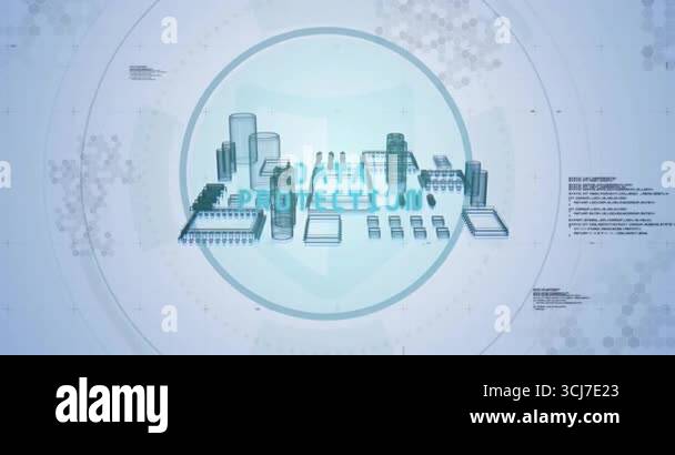 When DATA PROTECTION text fading, 3D model shifting zooming pivoting ...