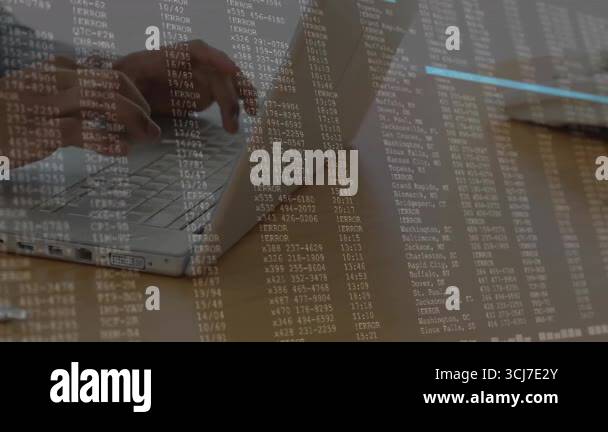 Programmer hands tapping laptop keys and initiating code overlay ...