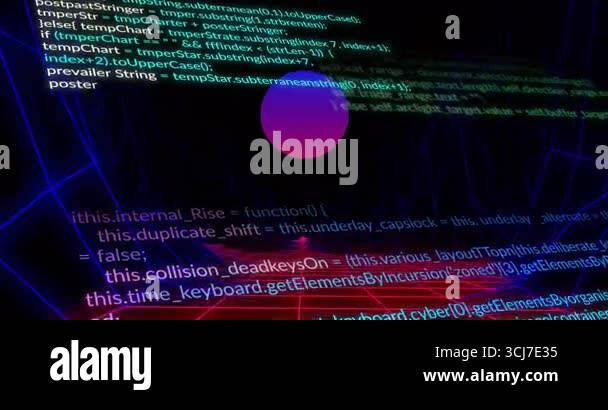 Opening On Red Neon Grid Code Fading Scrolling Sphere Pulsing Drifting Visualizing