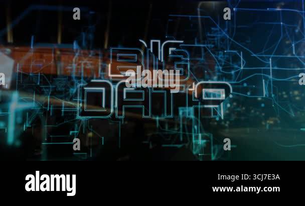 Orange bus receiving blue lines, glitching, revealing BIG DATA text, pulsing grid visualizing ...