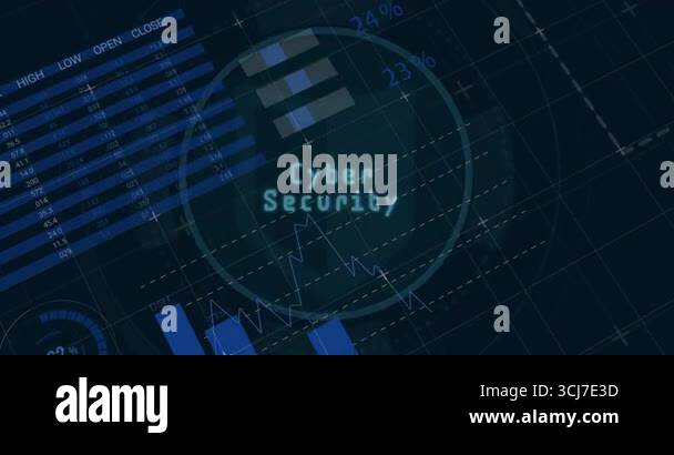 Scrolling data table starting shield pulsing revealing lock rotating charts showing security ...