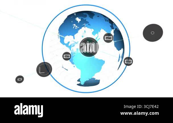 Stylized 3D globe emerging in blue ring, data icons sliding and ...