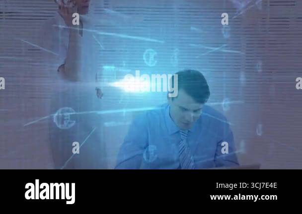 Female calling smartphone and initiating Euro symbol overlay while male ...