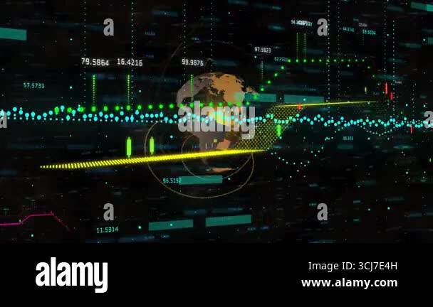 Opening on dark grid, globe rotating, bars rising, arrow building ...