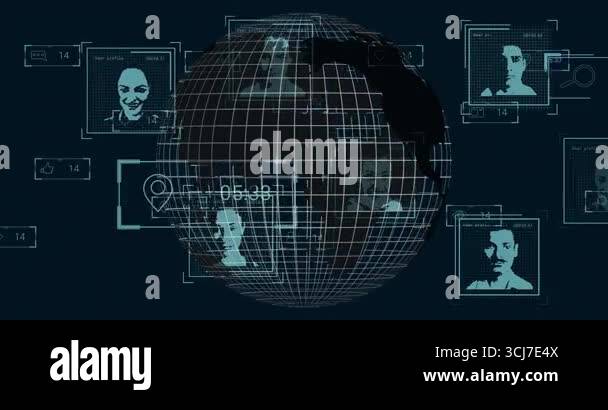 On startup wireframe globe rotating with UI panels sliding and updating data counts worldwide ...