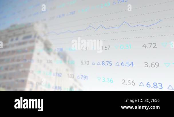 High-rise building view appearing and chart updating stock data with ...