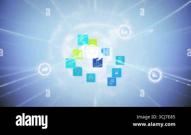 White node glowing activating strands extending to icons expanding rotating sphere showing ...