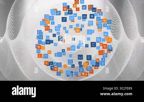 On start wireframe sphere emitting colored icon tiles orbiting ...