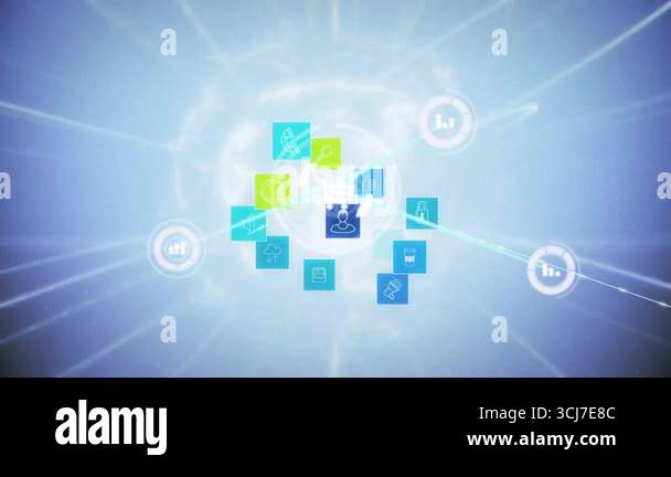 Small colored icons cluster appearing at center and pulsing while growing into 3D network sphere ...