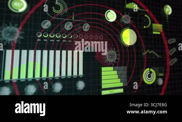 Red circle appearing at center starting rings expanding pulsing in colors highlighting data ...