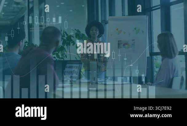 Smiling presenter raising hands initiating candlestick animation ...