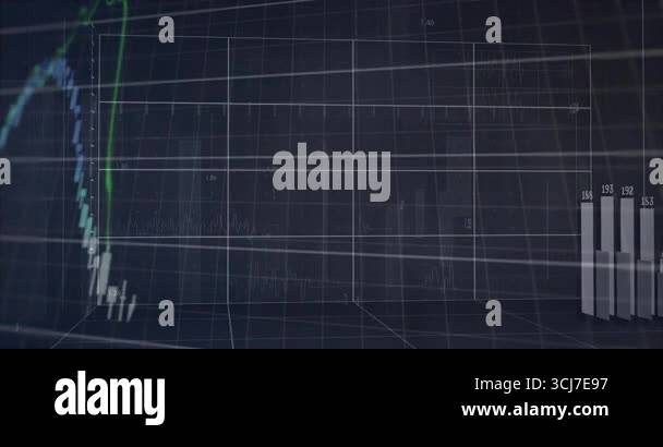 Emerging dark grid animating 3D finance graph with bars, candlesticks and lines showing market ...