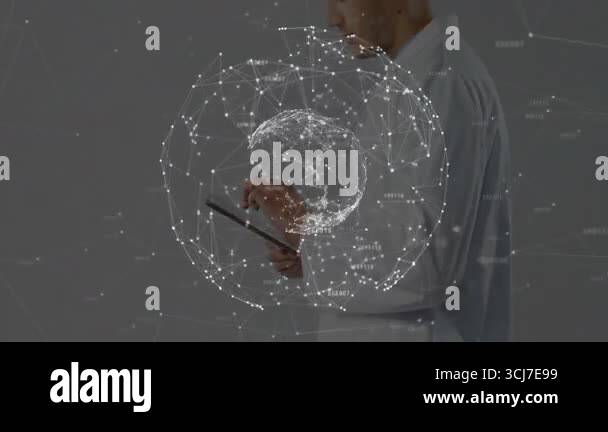 Male scientist tapping tablet, generating 3D network sphere pulsing for data visualization ...