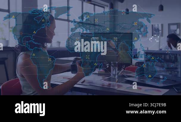 Photographer inspecting lens and activating world map with connecting data grids using ...