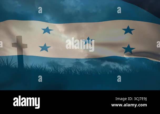 Flag of Honduras catching breeze, billowing with shifting stars while ...