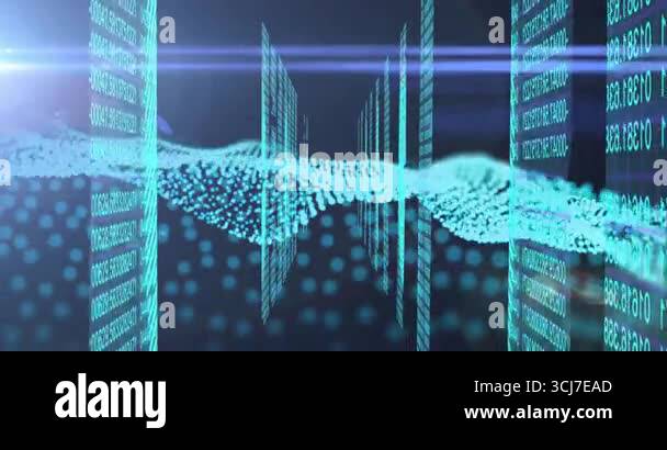 On start panels scrolling codes, wave undulating and light flares sweeping visualizing data flow ...