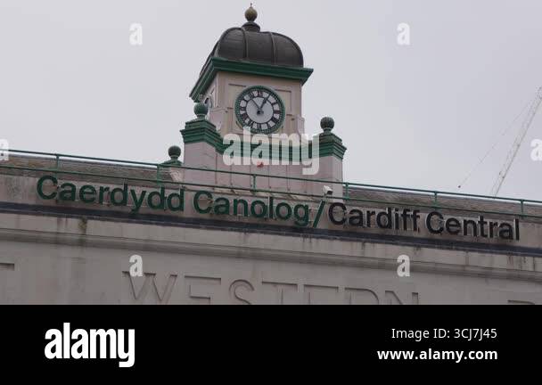 CARDIFF, UK - AUGUST 8, 2025 - Clock tower of Cardiff Central station ...