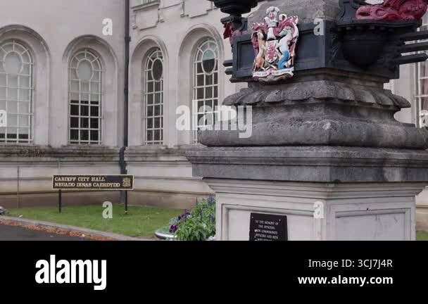 CARDIFF, UK - AUGUST 8, 2025 - Stone pillar bearing Cardiff s coat of ...