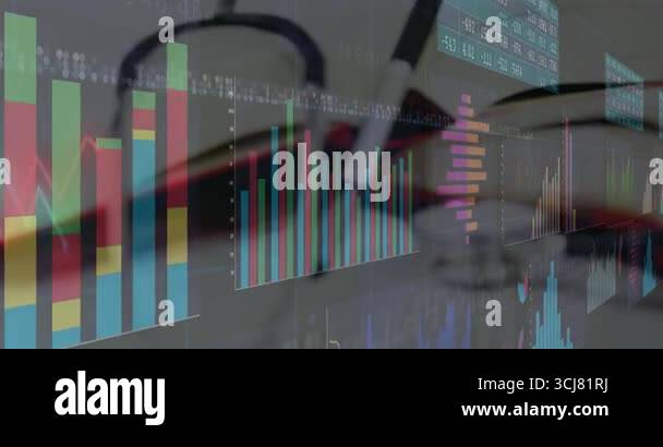 Chart overlay starting bars shifting heights and colors, visualizing medical data trends on desk ...