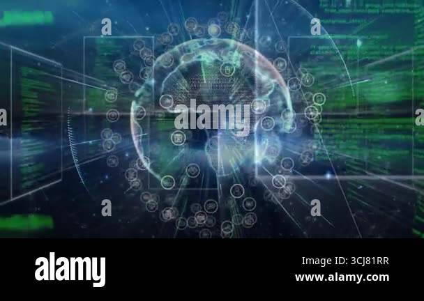Glowing dots initiating globe coalescing into mesh while rotating eastward connecting data icons ...