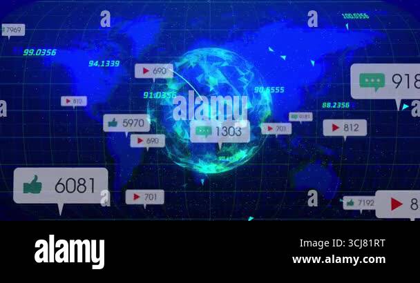 After map loading, central globe rotating with chat bubbles linking data and visualizing ...