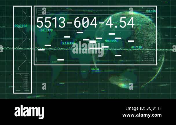 Opening data panel showing updating numeric codes with glitches, rotating globe, scanning ...