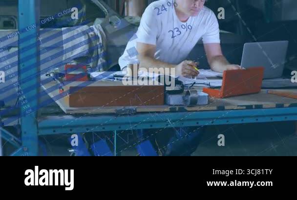 Engineer picking pencil and drawing while tapping keys and viewing sliding charts solving ...