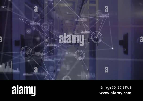 On startup animated network mesh expanding over server rack corridor ...