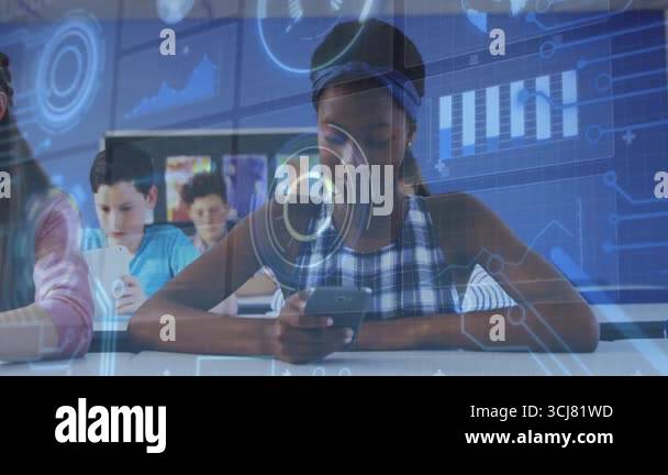 Front-row student lifting smartphone and scrolling, tablet-tapping peer ...