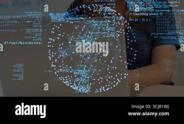 Woman at desk spotting virtual globe with scrolling code then typing ...