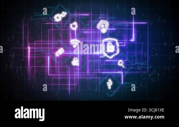 Glitch bursts scattering neon circuitry, glowing icons pulsing and ...