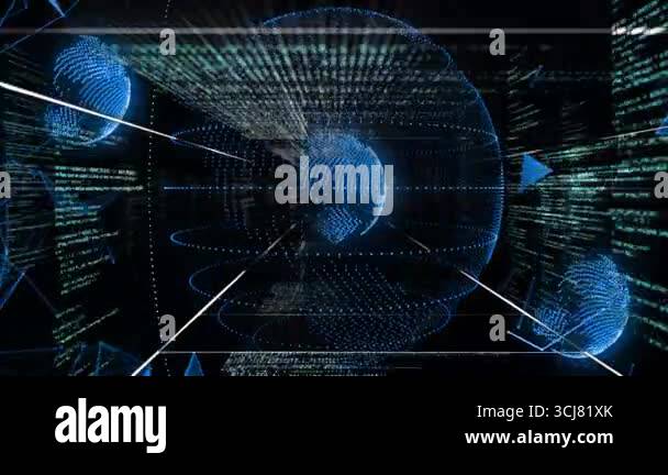 Opening data chamber grid enclosing globe, scrolling code, morphing cube visualizing data ...