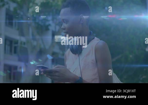 woman scrolling smartphone in urban park, glowing tech UI overlays displaying notification ...