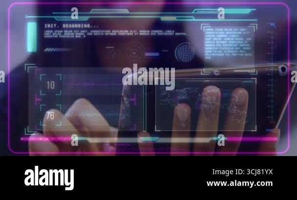 User Holding Smartphone Initiating Neon Scanning Ui Updating Grid Values Pulsing World Map