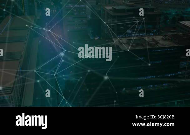 Network fading in, glowing nodes, lines shifting, pulsing, visualizing data flow above cityscape ...