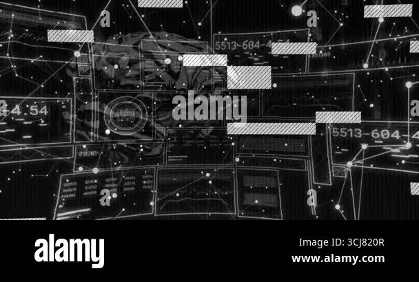 Wireframe brain emerging center grid flickering bars sliding and codes ...