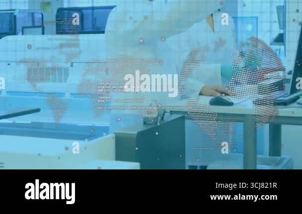 Lab colleagues lifting pipette for analysis and displaying data, man scrolling world map overlay ...