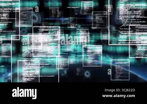 Emerging code windows initiating data visualizing, sliding and overlapping over rotating Earth ...