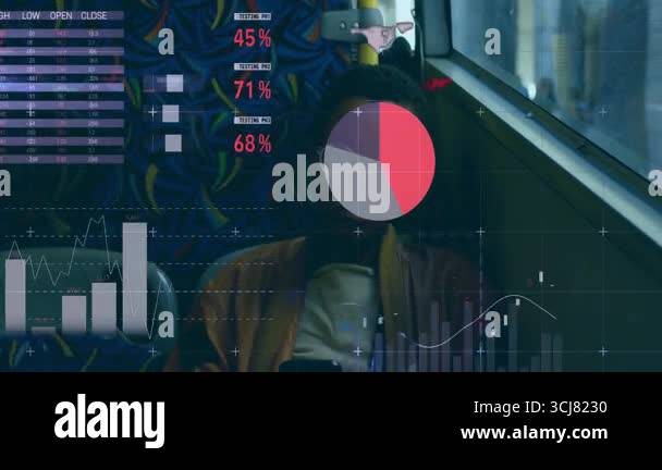 Female commuter retrieving device and tapping financial data on bus as transparent charts ...