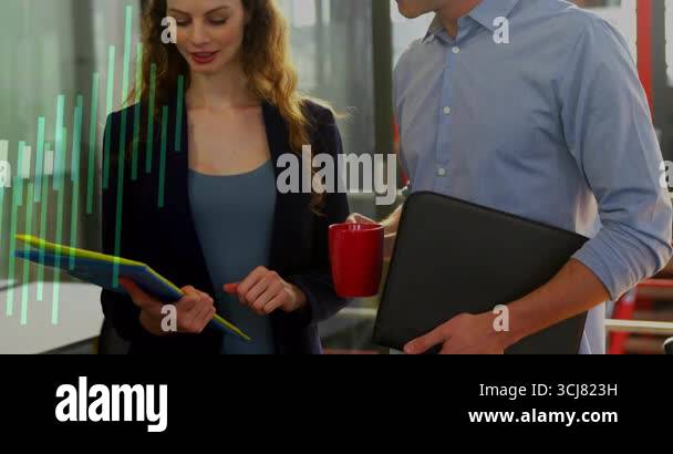 woman tapping tablet screen and man viewing pulsing bar graphs for ...